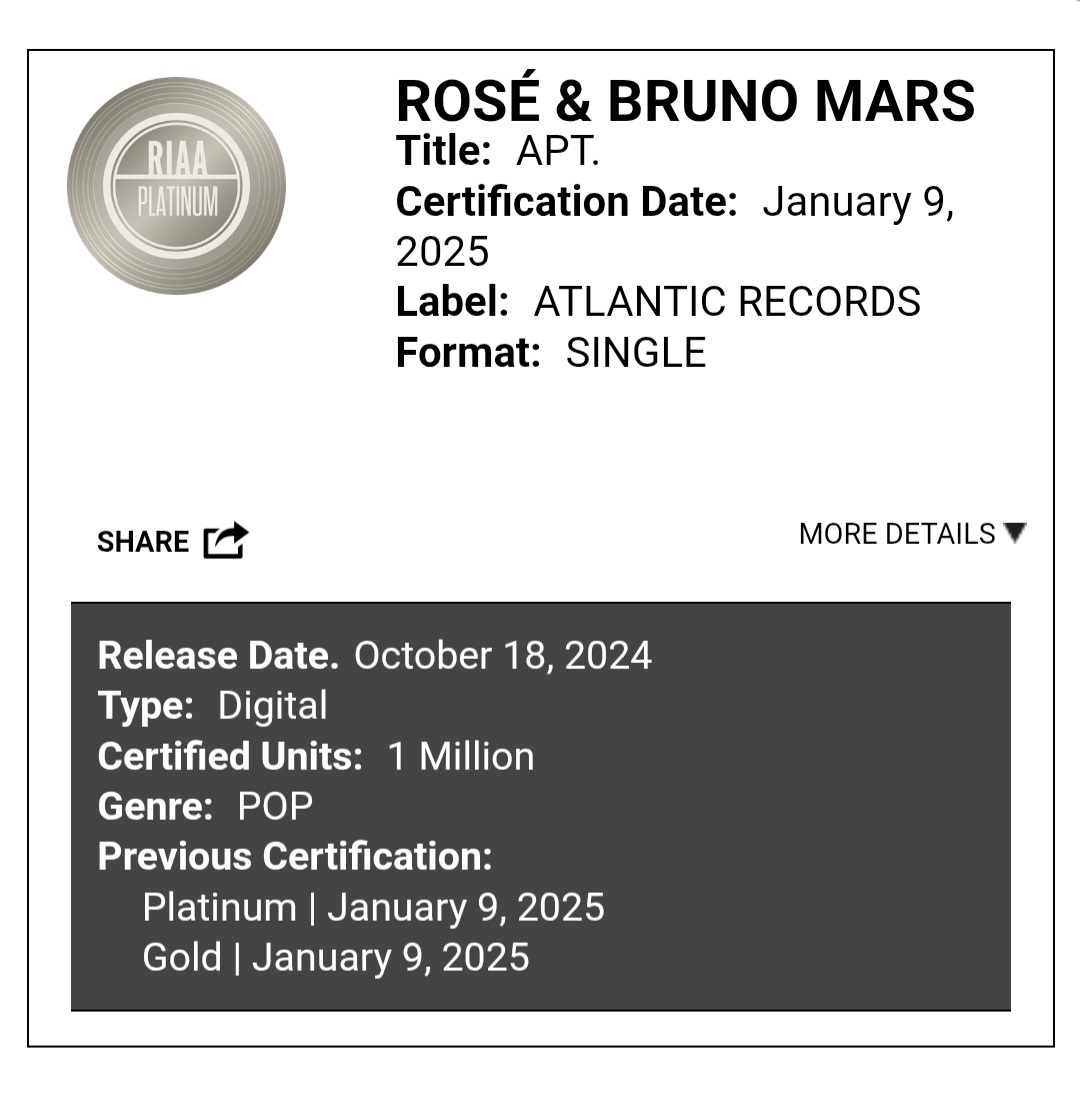 Rosé & Bruno Mars "APT." certified platinum in US - Charts & Sales - ATRL